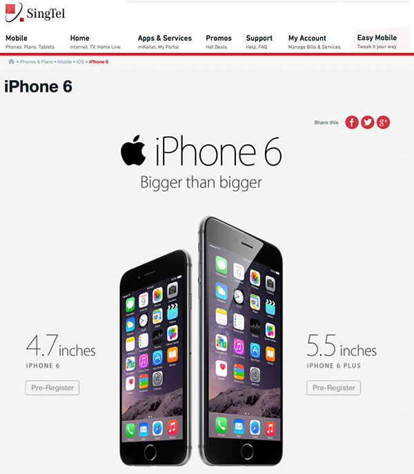 SingTel's registration of interest page for the iPhone 6 and 6 Plus is ...